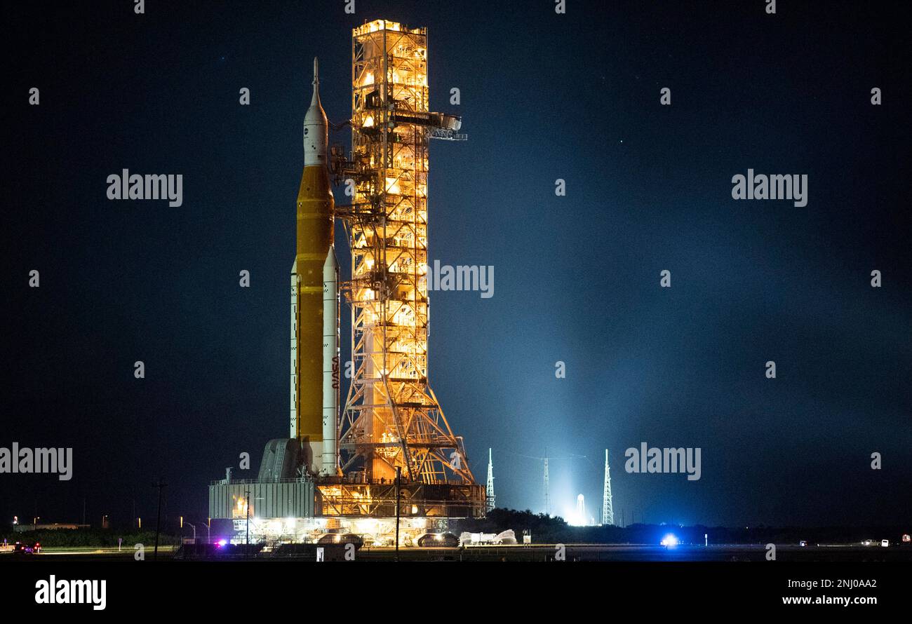 NASA's Space Launch System (SLS) rocket with the Orion spacecraft aboard is seen atop the mobile ...