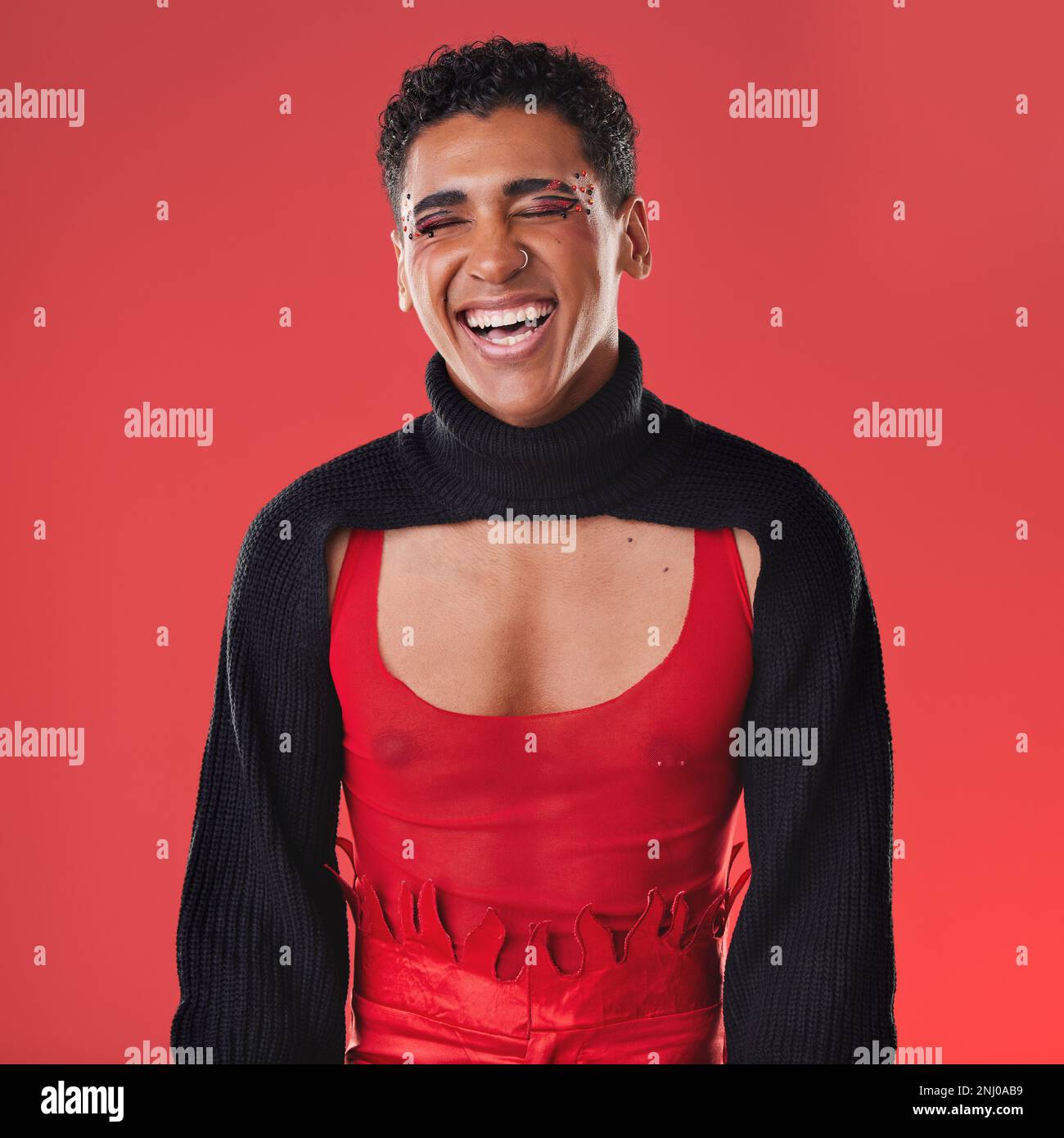 LGBTQ, fashion portrait and black man isolated on red background for ...