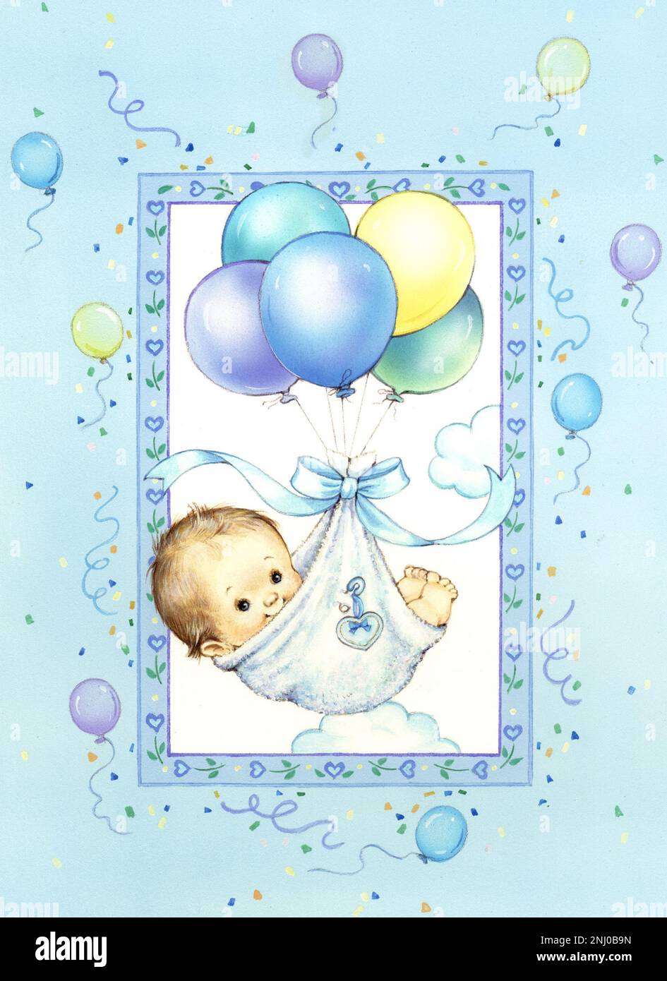 Baby-boy in blanket floating from balloons on blue border Stock Photo ...