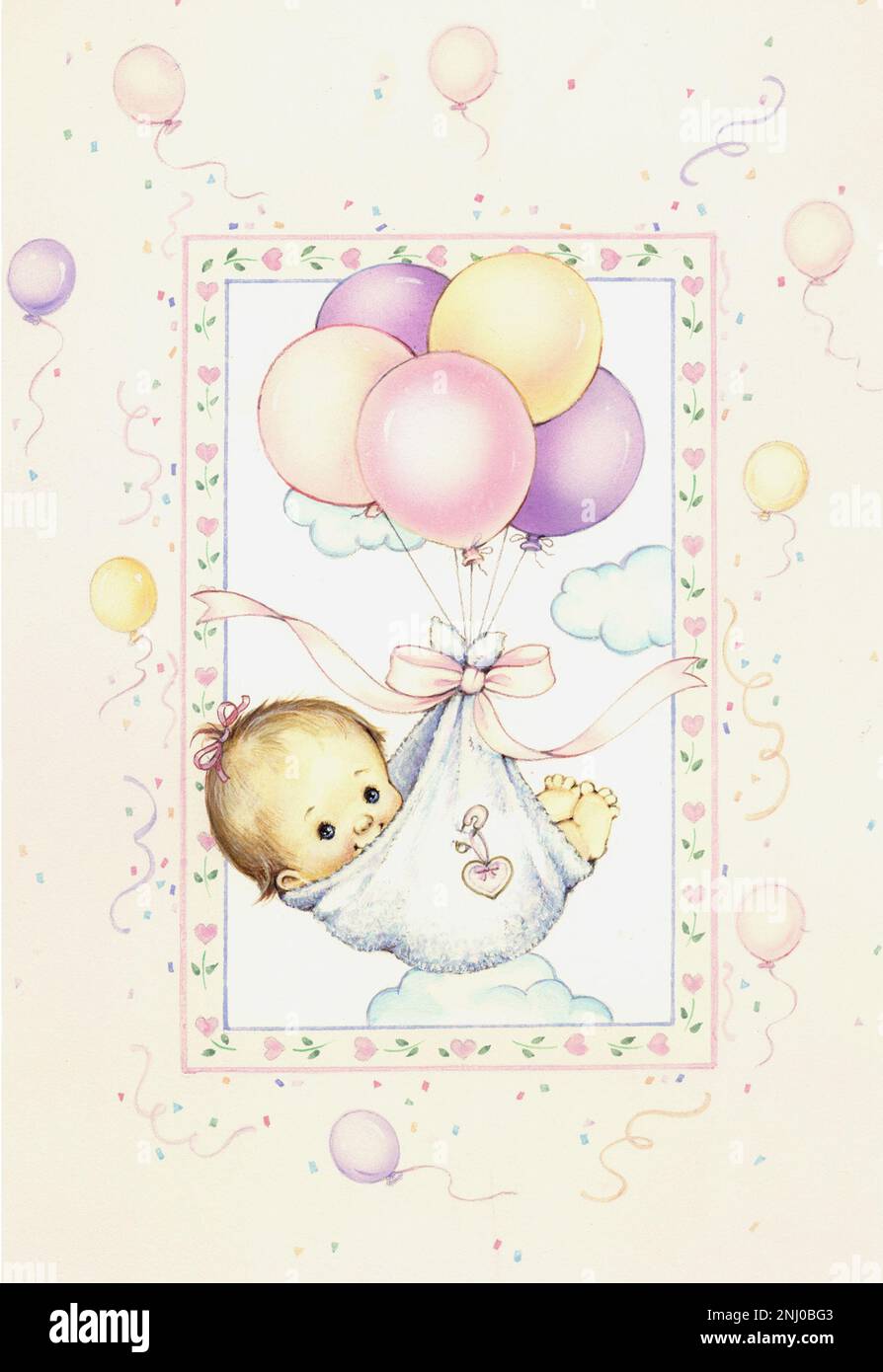 Baby-girl floating in blanket from balloons on pink background Stock ...