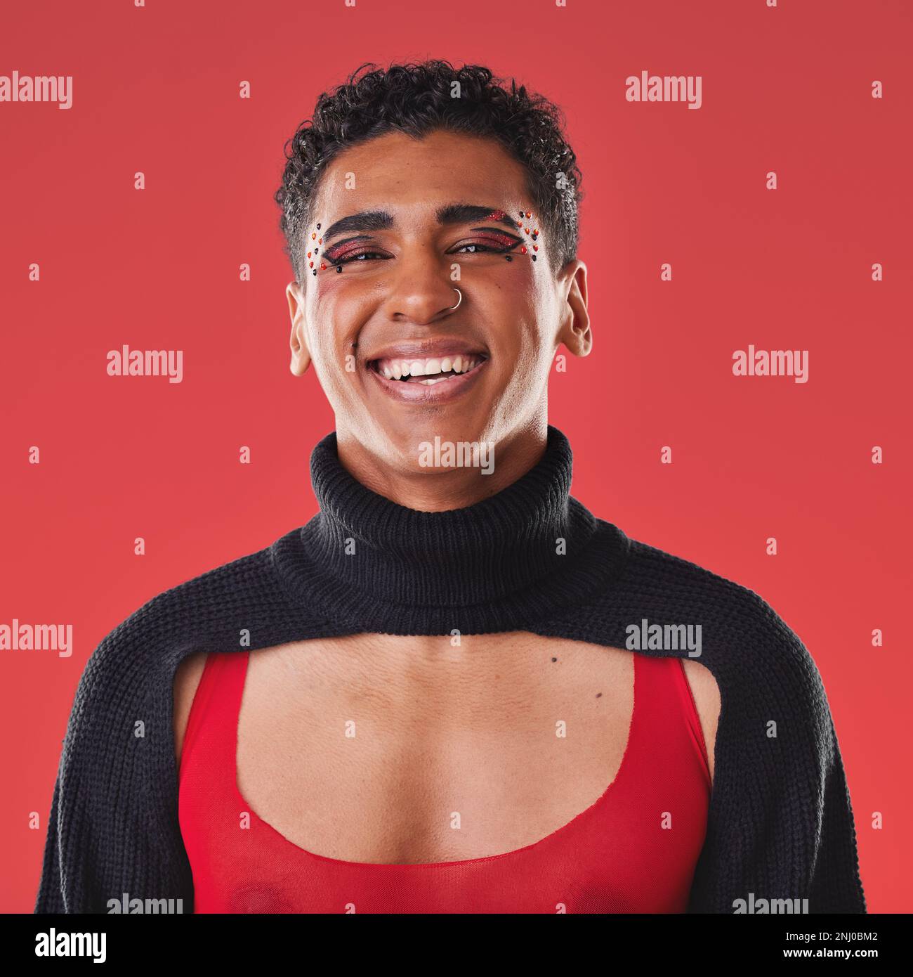 LGBTQ, beauty portrait and black man isolated on red background for ...