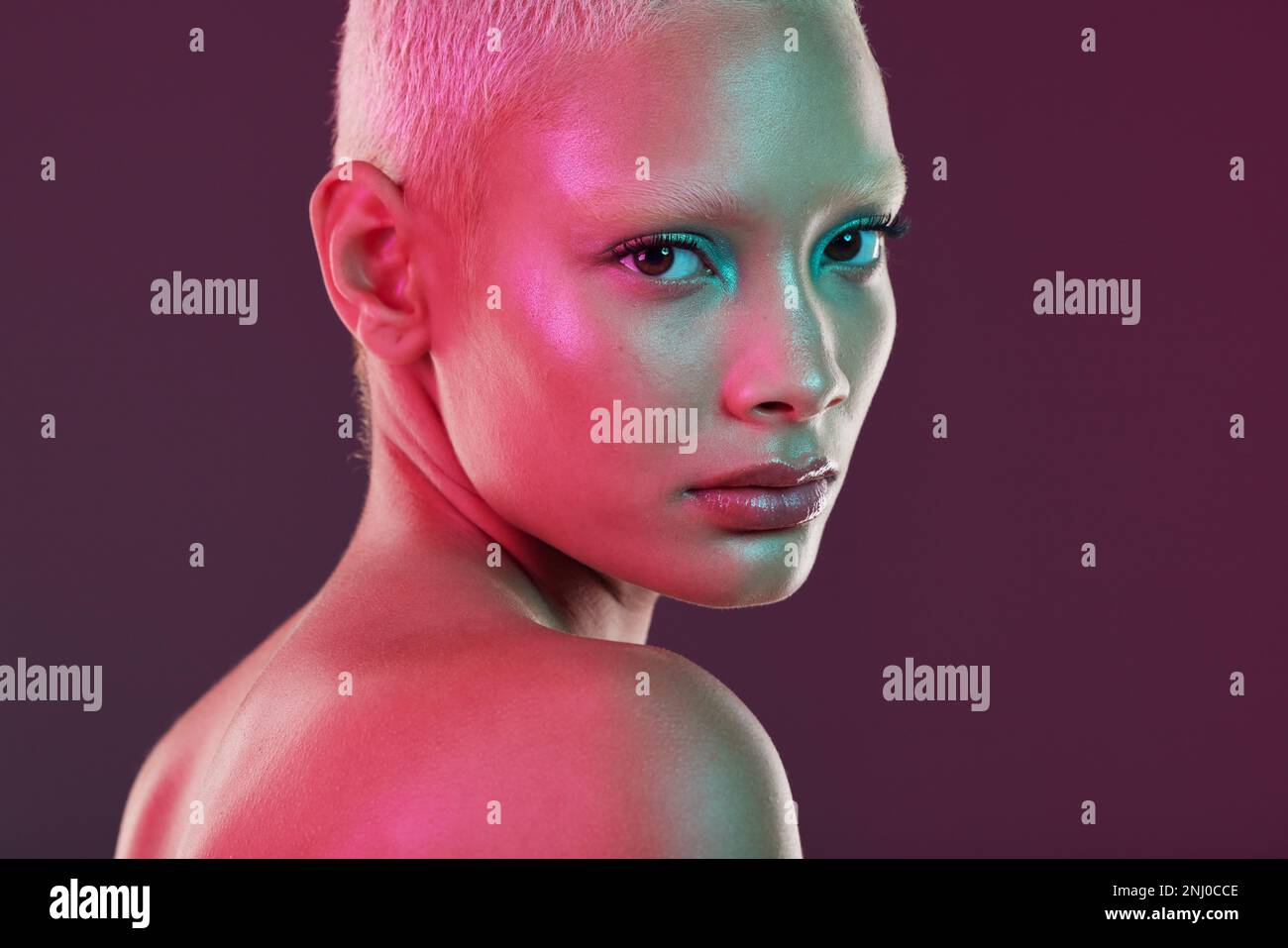 Neon, beauty and cyberpunk, portrait of woman with makeup and lights ...