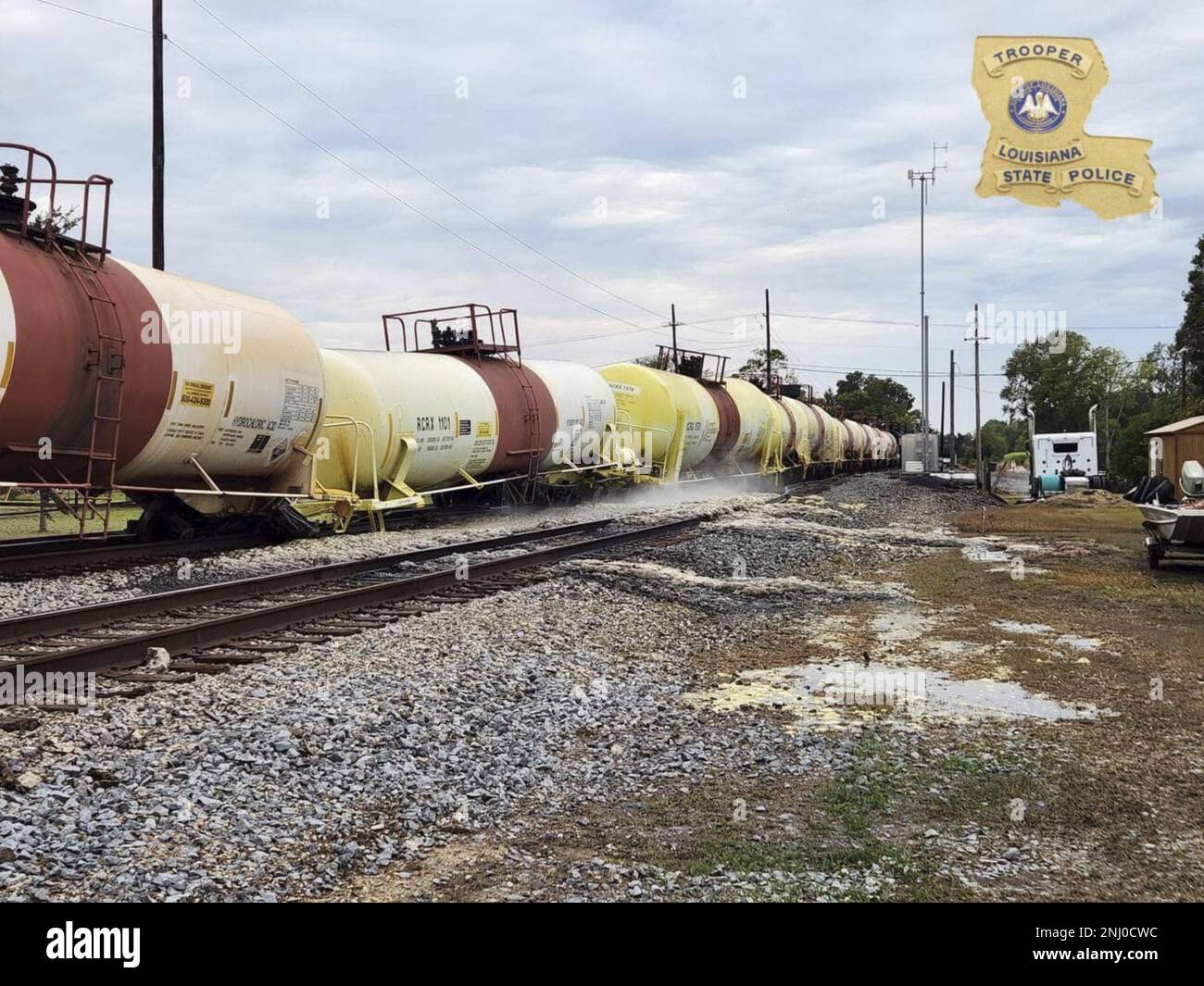 This photo provided by Louisiana State Police shows a railcar leaking ...