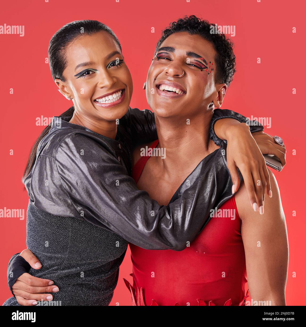 Portrait, fashion and friends hug, smile and creative with trendy ...