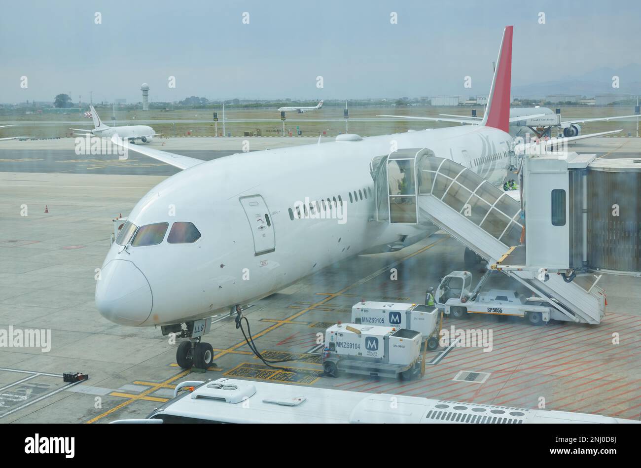 Airplane, airport or loading luggage on runway for traveling outdoors ...