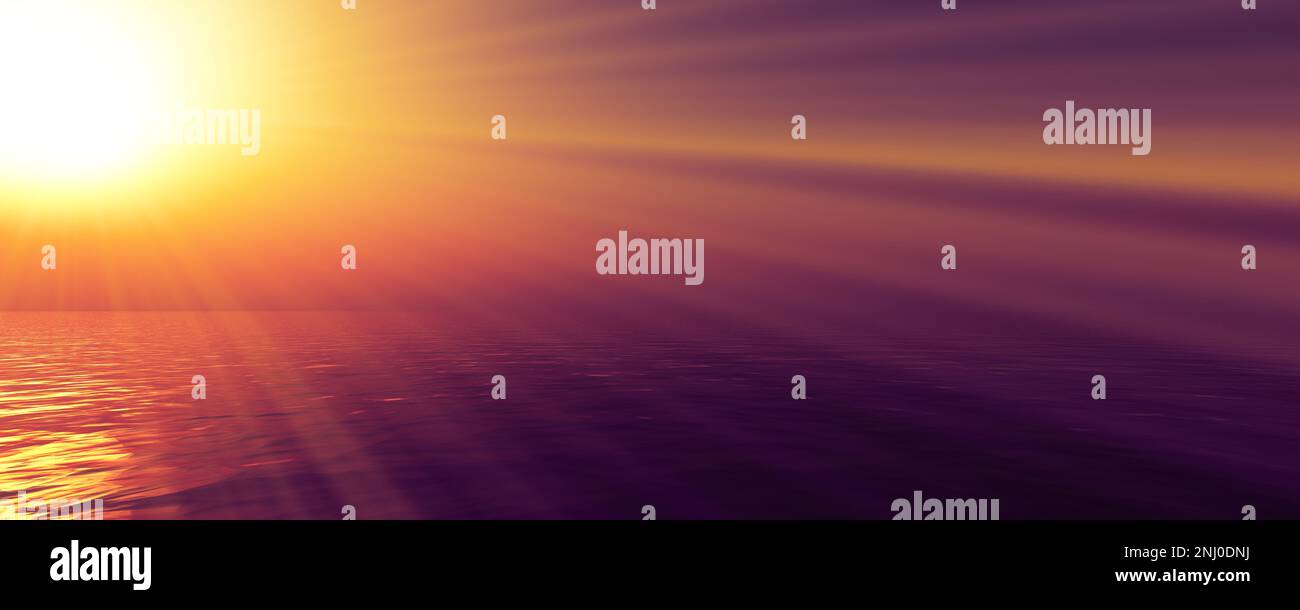 sunset sea sun ray clear sky, 3d rendering illustration Stock Photo - Alamy