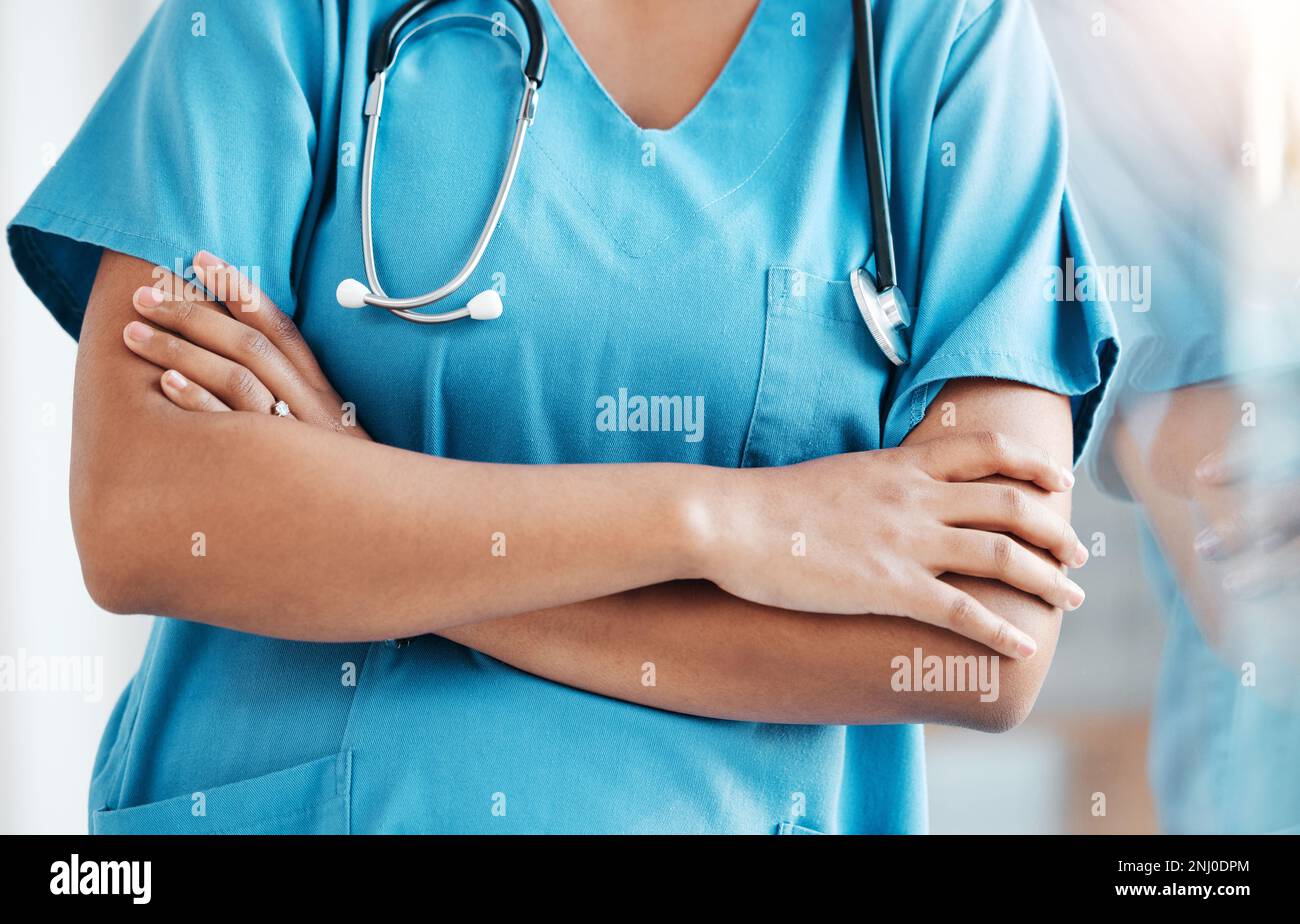 Healthcare, closeup and proud, woman and doctor at hospital with arms ...