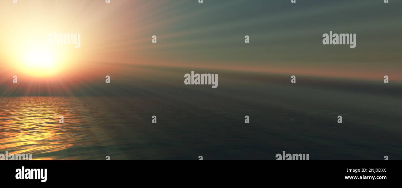 sunset sea sun ray clear sky, 3d rendering illustration Stock Photo - Alamy