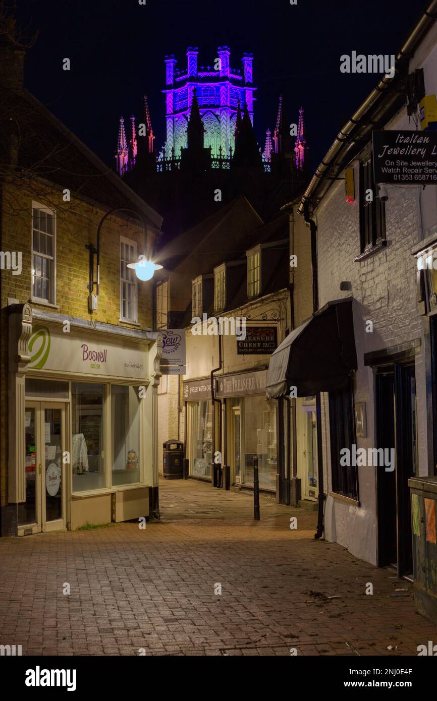 High Street Passage, Ely. The illuminated Octagon tower of Ely ...