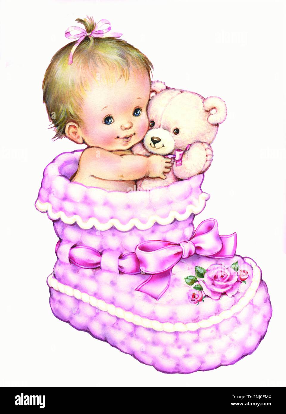 Baby-cute pink teddy & baby girl in bootie on white Stock Photo - Alamy