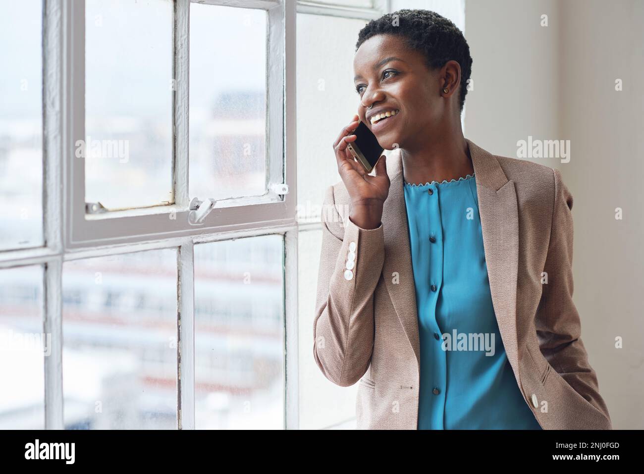 Phone call, communication or black woman in office for conversation ...