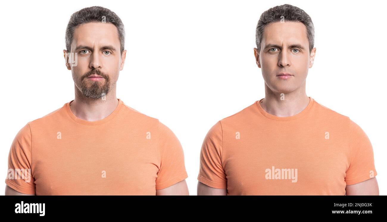 man face shaven comparison before and after isolated on white ...