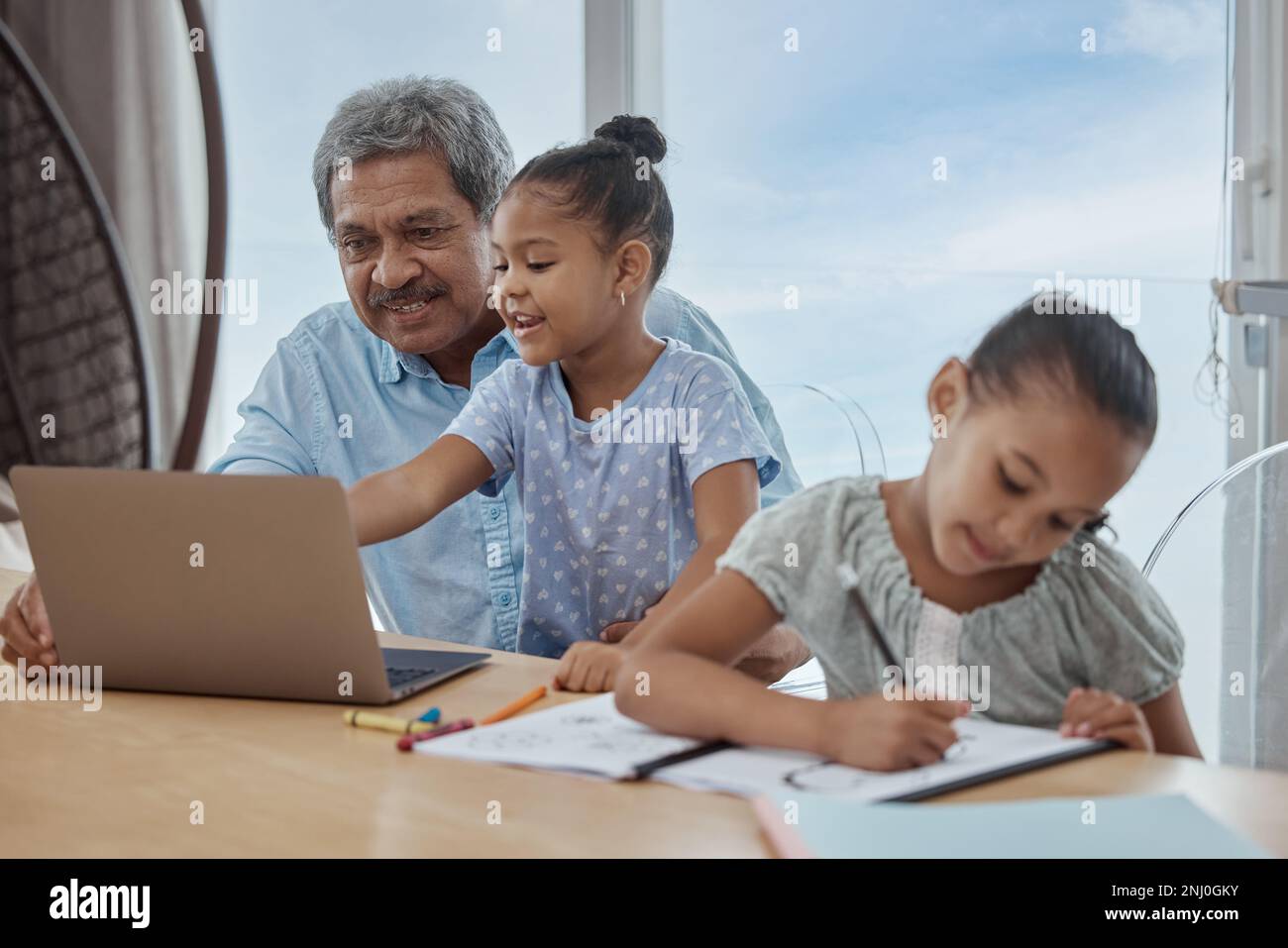 Education, elearning and home school for kids with grandfather at a ...