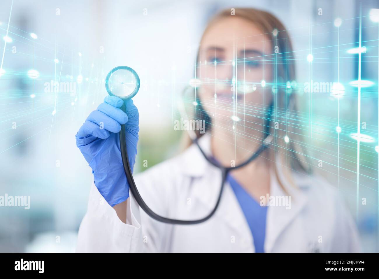 Woman, doctor or stethoscope on hologram overlay database for future ...