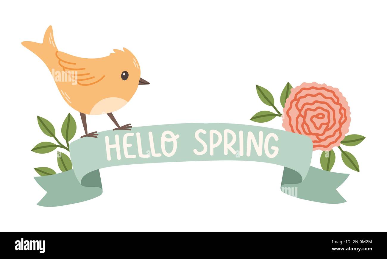 Spring label with season quotes, bird, ribbon. Hand drawn spring vector ...
