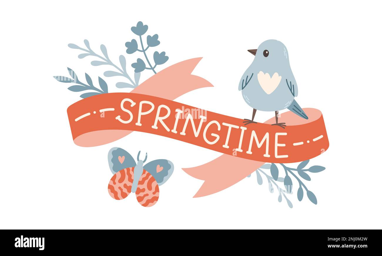 Spring label with season quotes, bird, ribbon. Hand drawn spring vector ...
