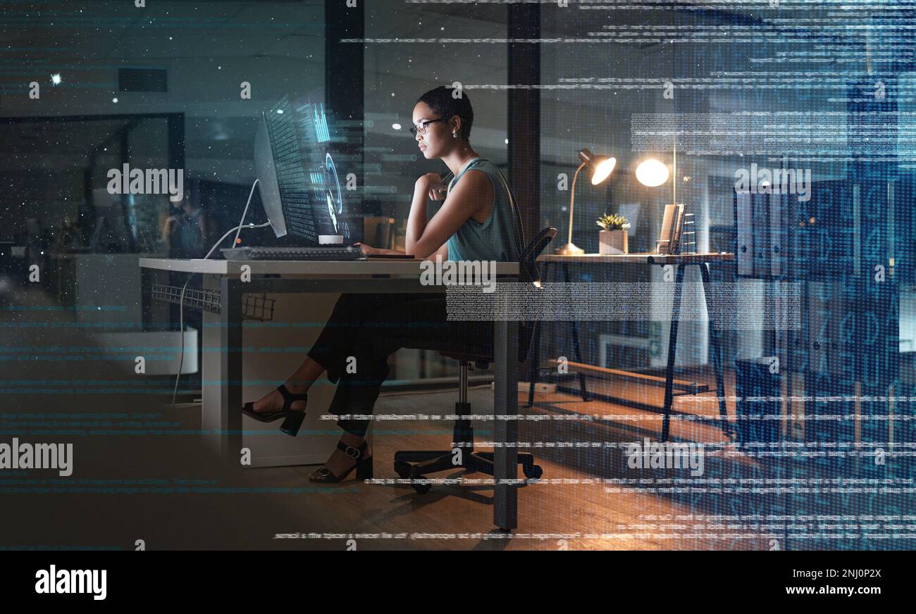 Computer, future hologram and night woman reading global communication ...