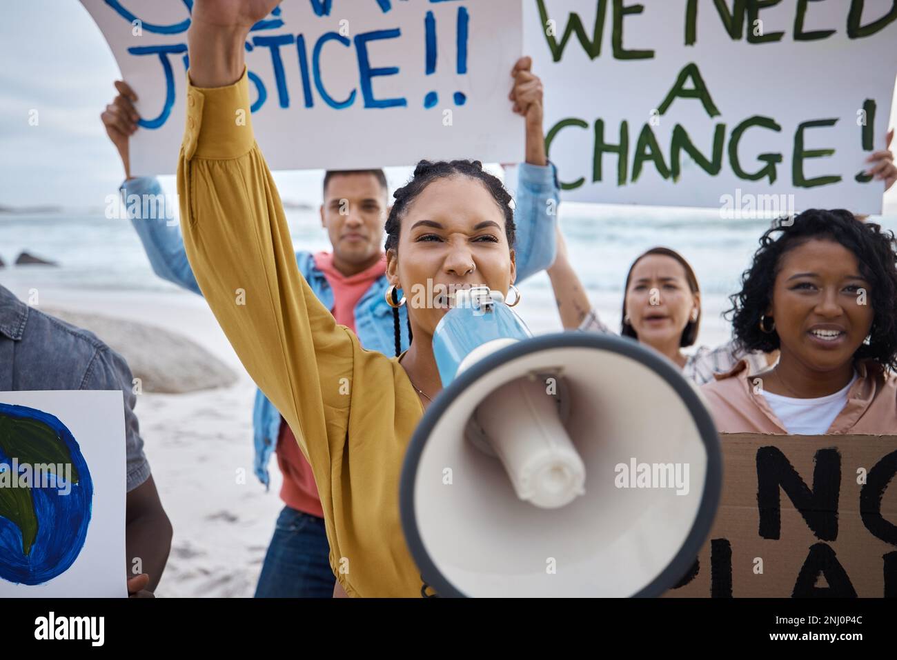 Protest, climate change and black woman with megaphone, fight for ...