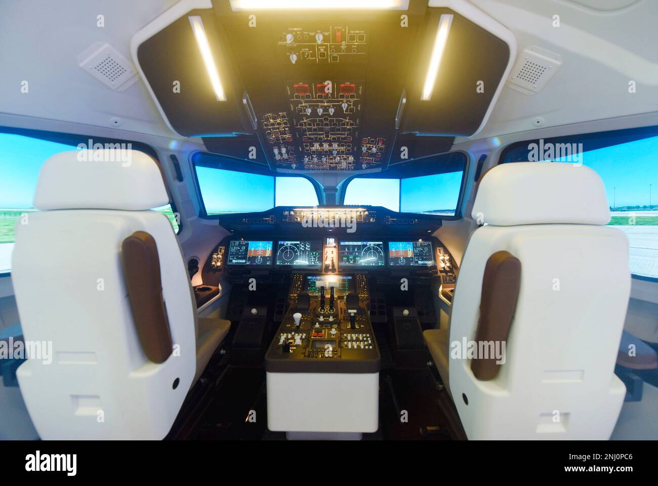 A view of the mock cockpit of C919 passenger aircraft at the annual ...
