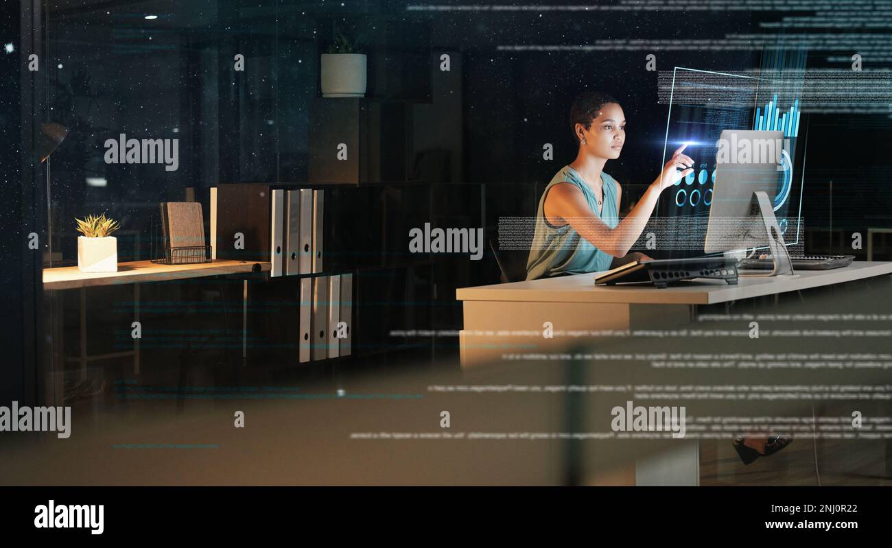 Computer, hologram hud and office woman pointing at future dashboard, ui chart or administration ...