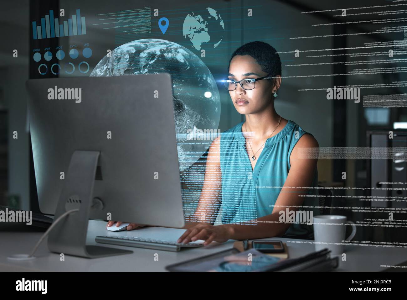 Computer hologram, global network and woman reading data analysis of ...