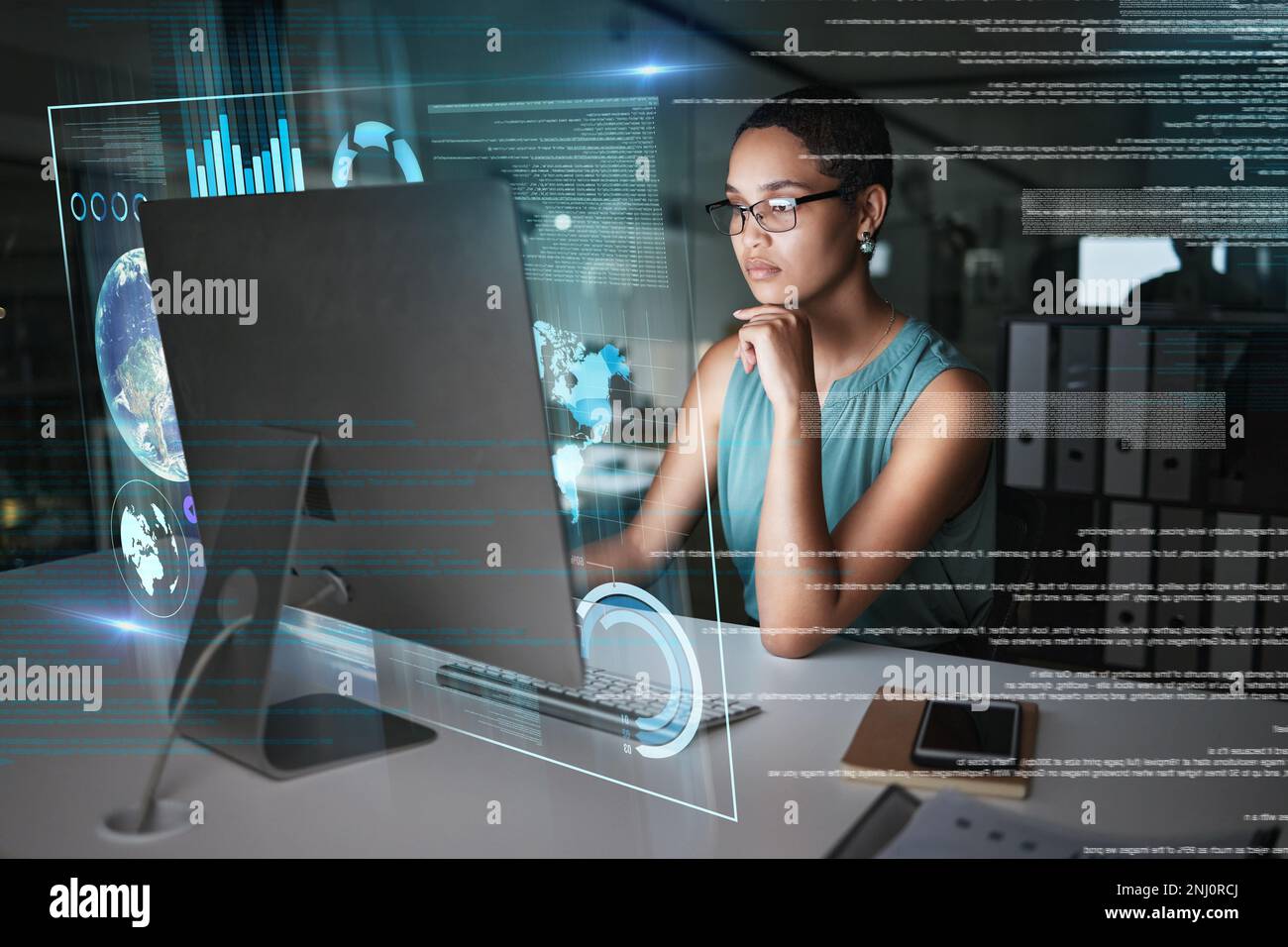 Computer hologram hud, thinking and woman review data analysis of earth ...