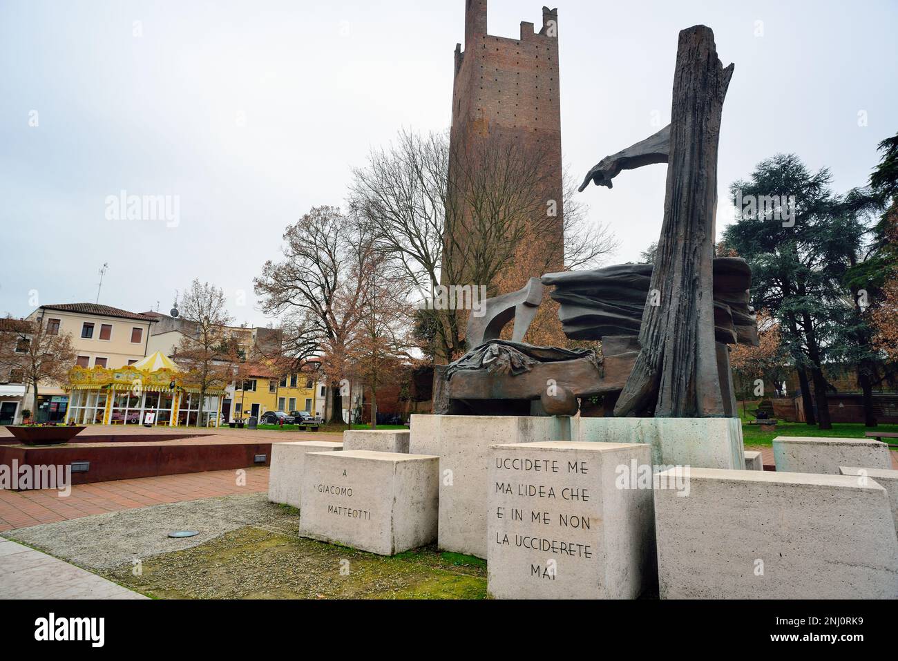 Rovigo, Italy. The medieval Donà tower and Giacomo Matteotti monument ...