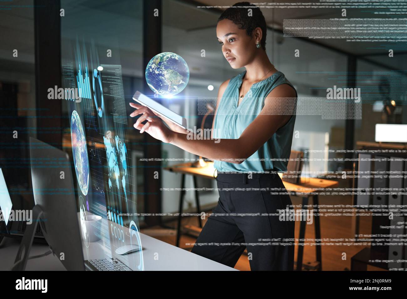 Tablet, Earth hologram and computer woman review data analysis of ...