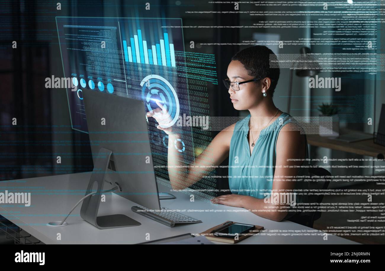 Computer hologram, finance or woman point at future administration ...