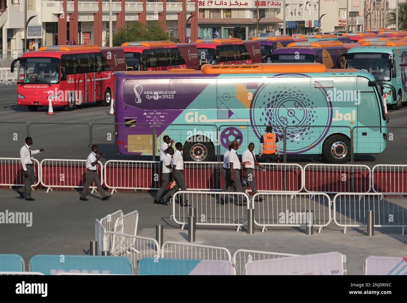 Buses park at a temporary bus stop for FIFA World Cup Qatar in Doha on ...