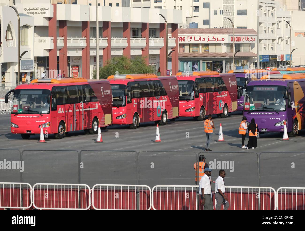 Buses park at a temporary bus stop for FIFA World Cup Qatar in Doha on ...