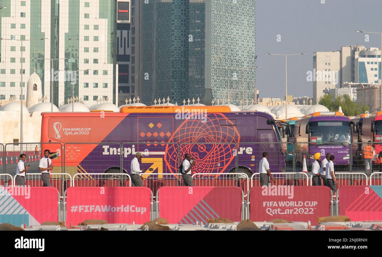 Buses park at a temporary bus stop for FIFA World Cup Qatar in Doha on ...