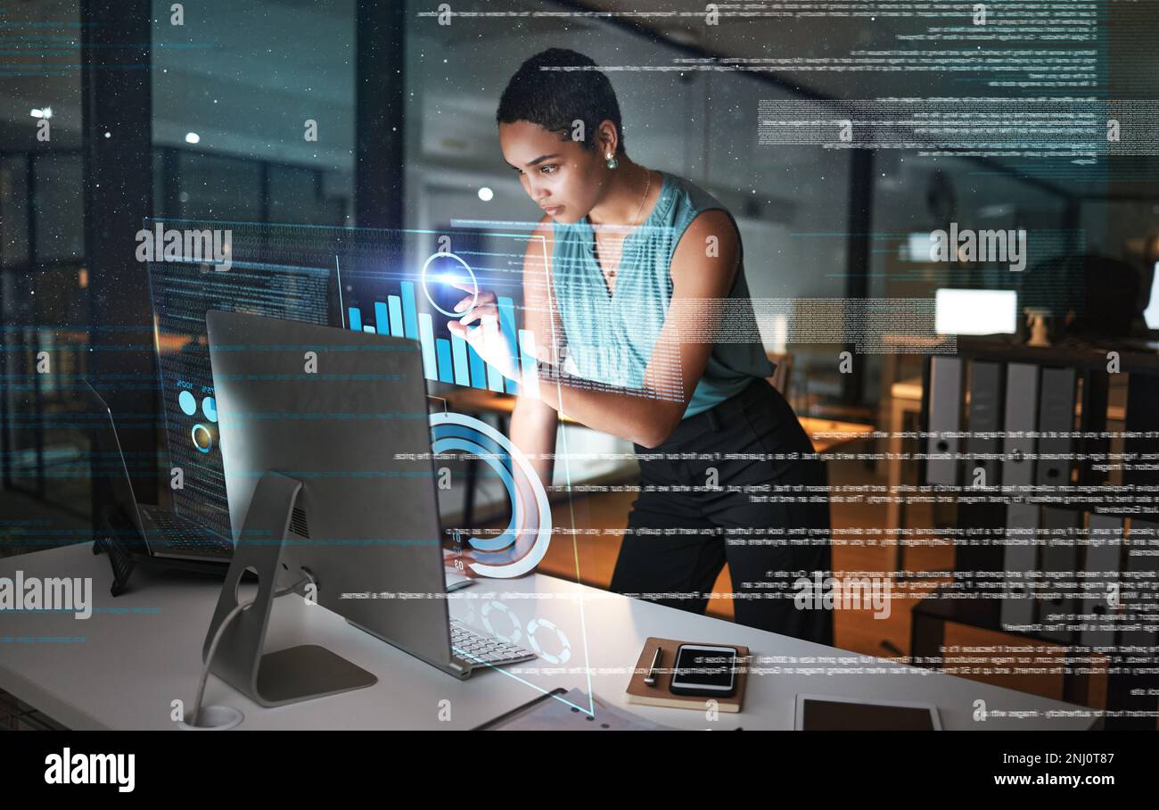 Computer, hologram hud or business woman pointing at future ...