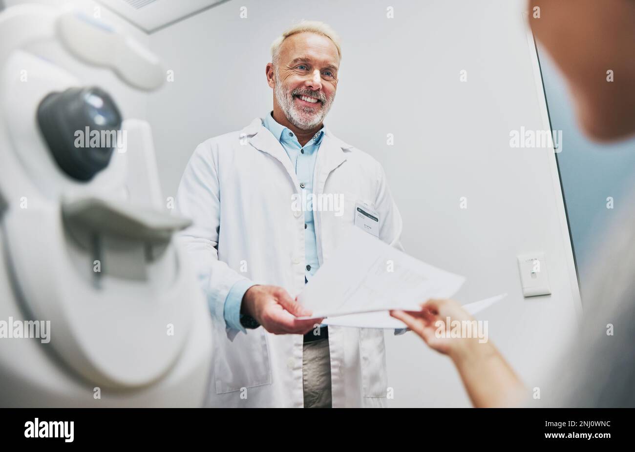 Ophthalmology, consulting and doctor with a patient for results, vision ...