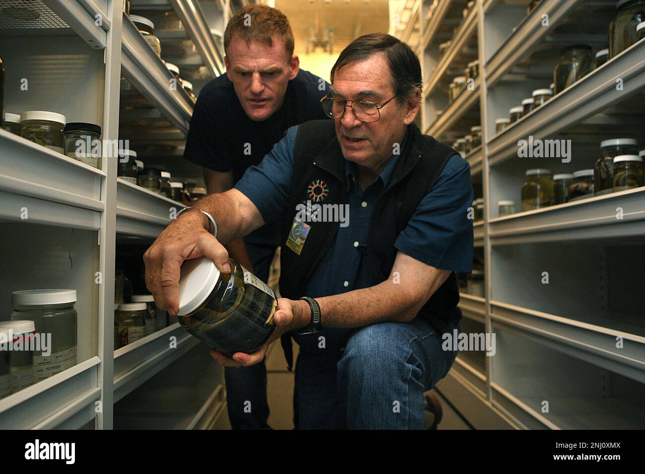 Curator and chair of herpetology Bob Drewes (front) shows Dr. Matt ...