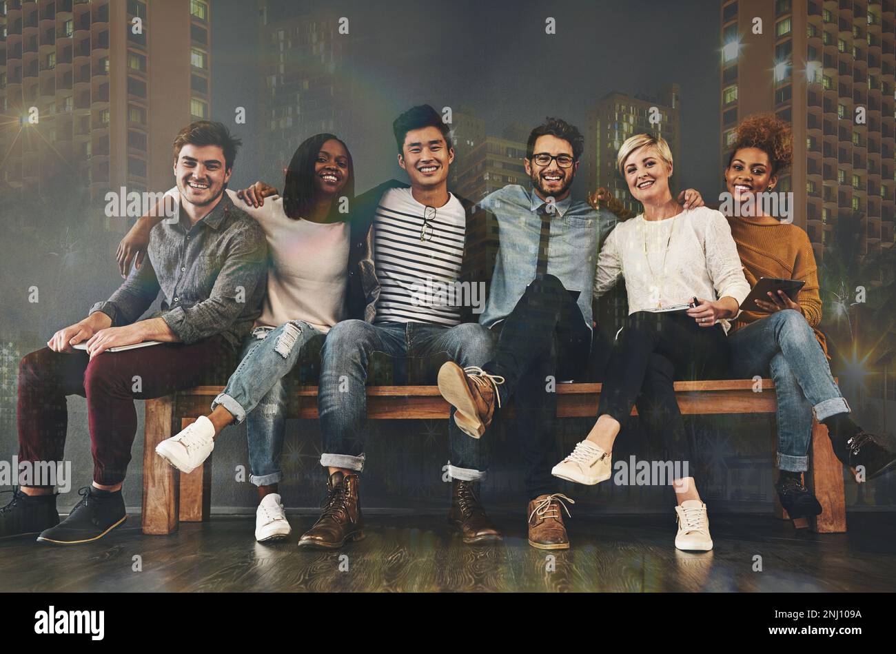 Diversity, friendship and portrait of people with a city background ...