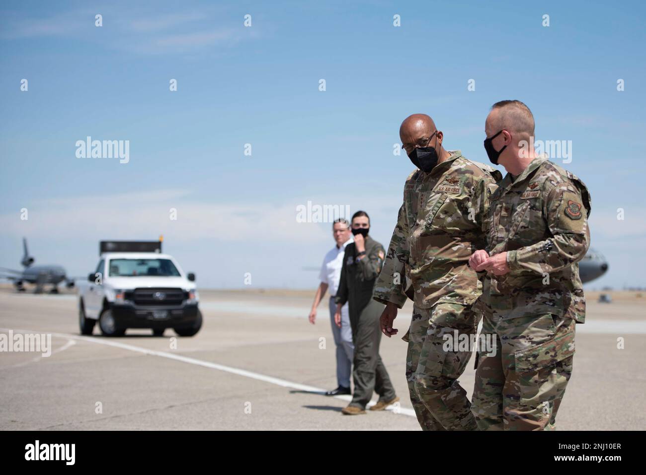 U.S. Air Force Chief of Staff Gen. CQ Brown, Jr., left, speaks with U.S ...