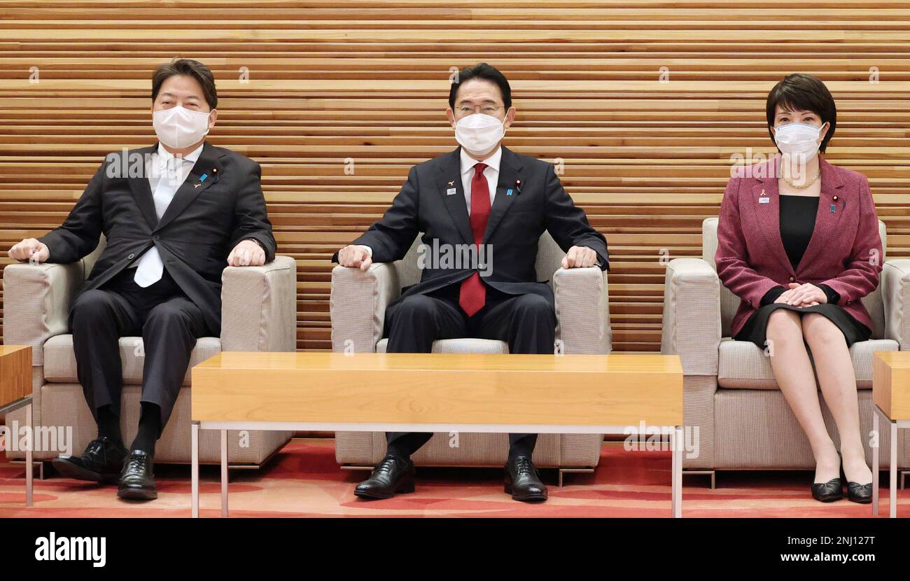 Japanese Prime Minister Fumio Kishida (C) attends a cabinet meeting at ...