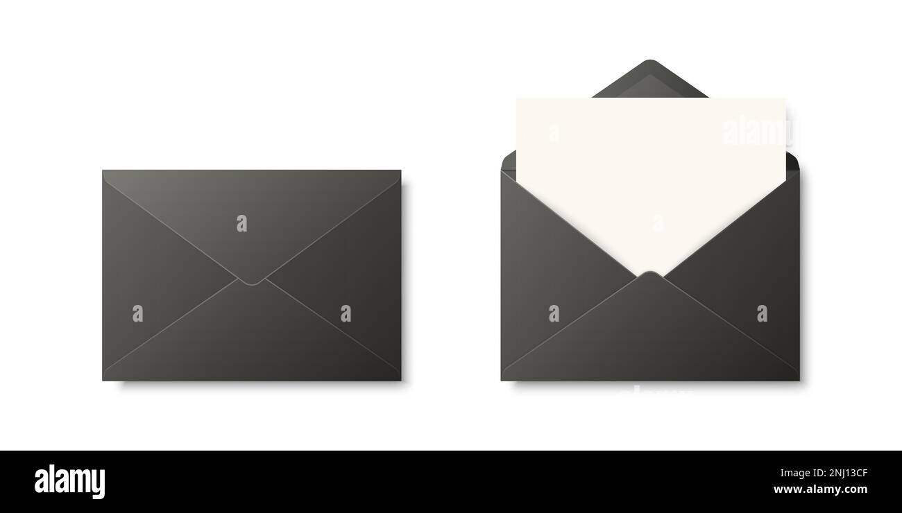 Vector Realistic Blank Black Closed, Opened Envelopes with Letter Inside. Folded, Unfolded White ...