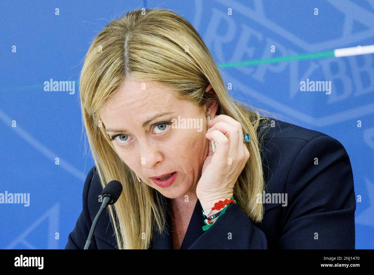 Italian Premier Giorgia Meloni speaks at a press conference at the end ...