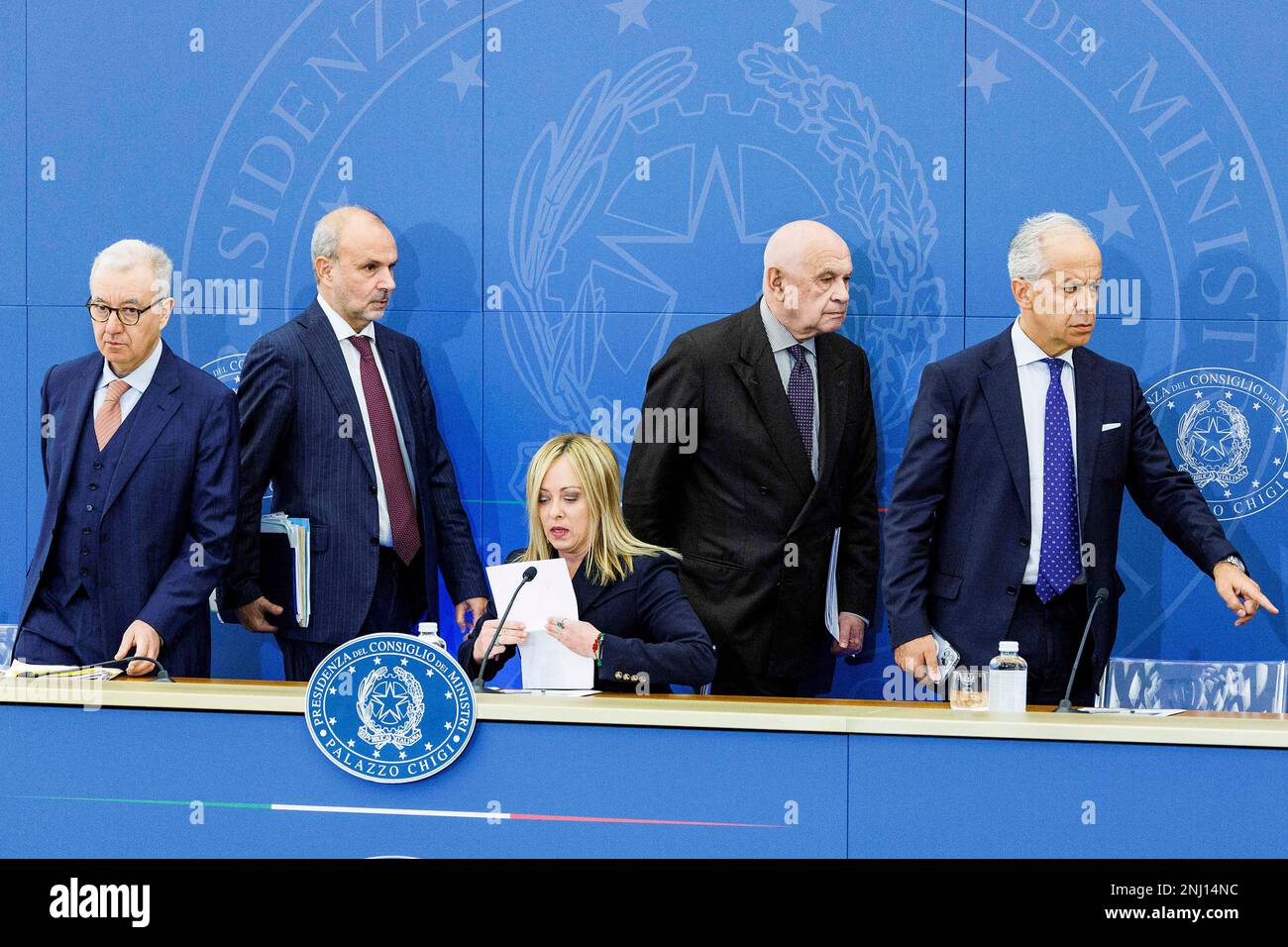 Italian Premier Giorgia Meloni, center, arrives to attend a press ...