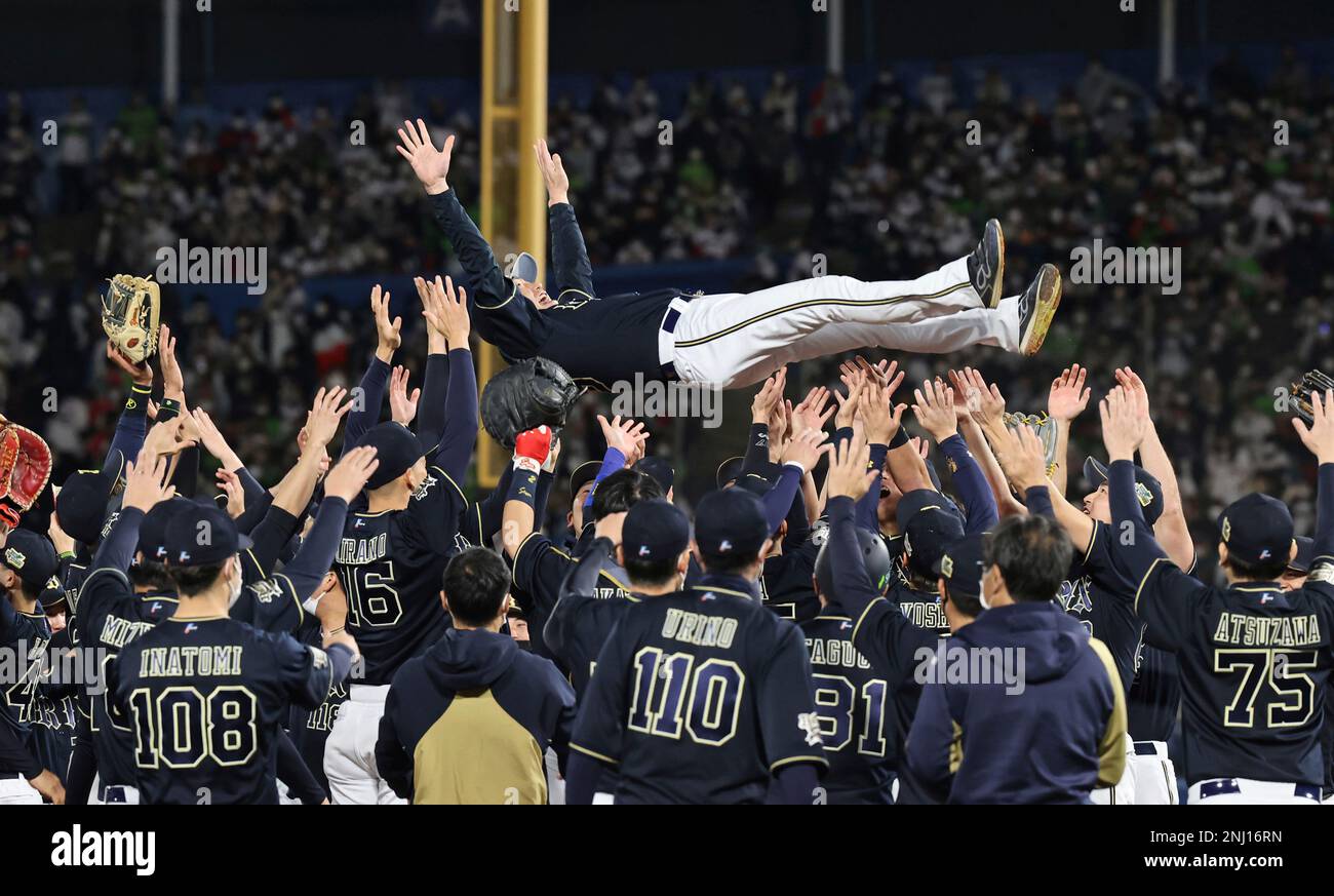ORIX Buffaloes manager Satoshi Nakajima is tossed in the air after winning 2022 Japan Series of ...