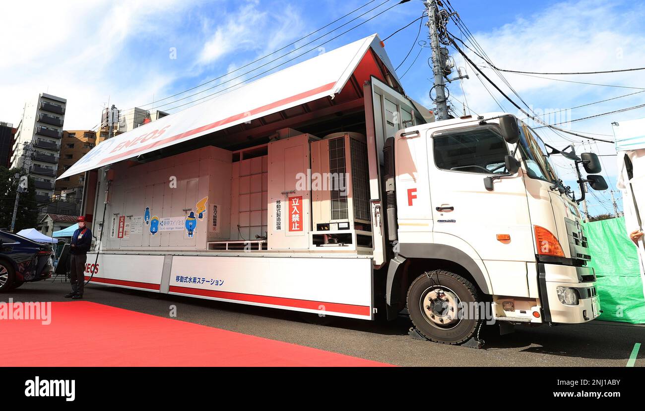 A mobile hydrogen refueling station is opened in Shinjuku Ward, Tokyo on October 30, 2022. ENEOS ...