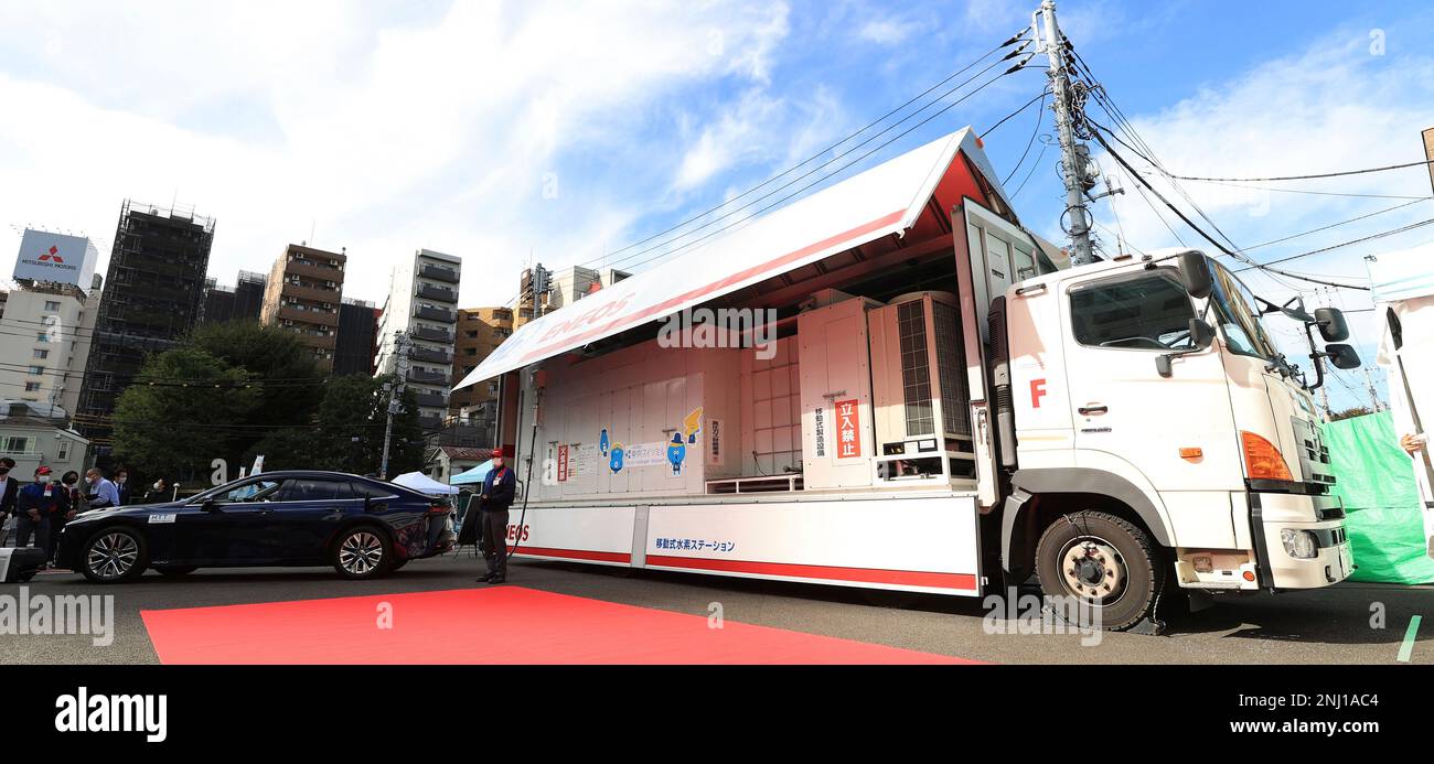 A mobile hydrogen refueling station is opened in Shinjuku Ward, Tokyo on October 30, 2022. ENEOS ...