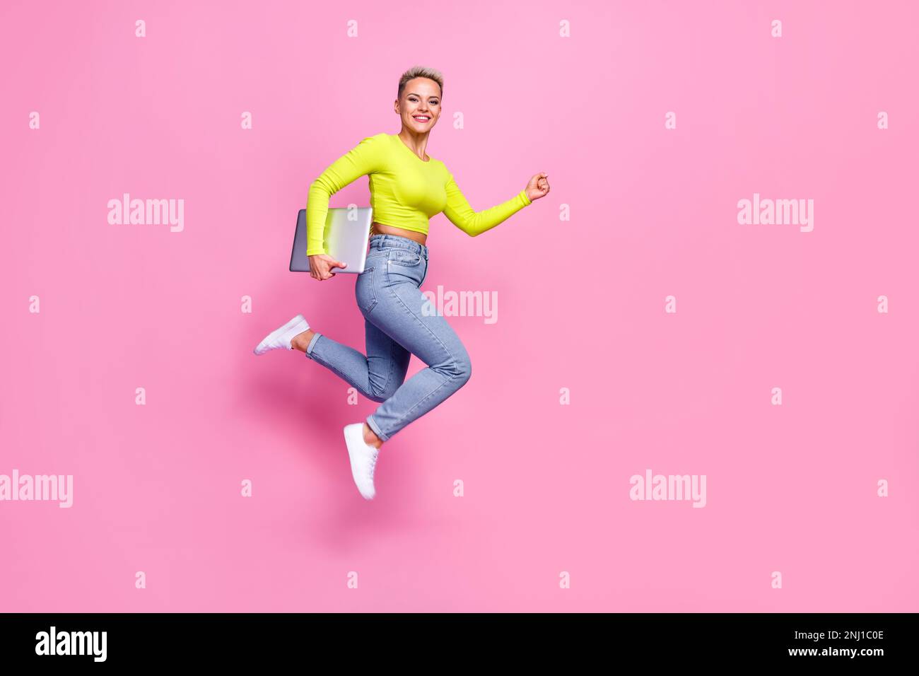Full length profile photo of overjoyed excited person jump hurry rush ...