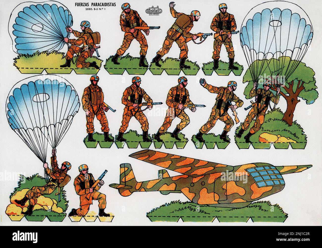España. Hoja recortable infantil. Fuerzas paracaidistas. Editorial Kiki ...
