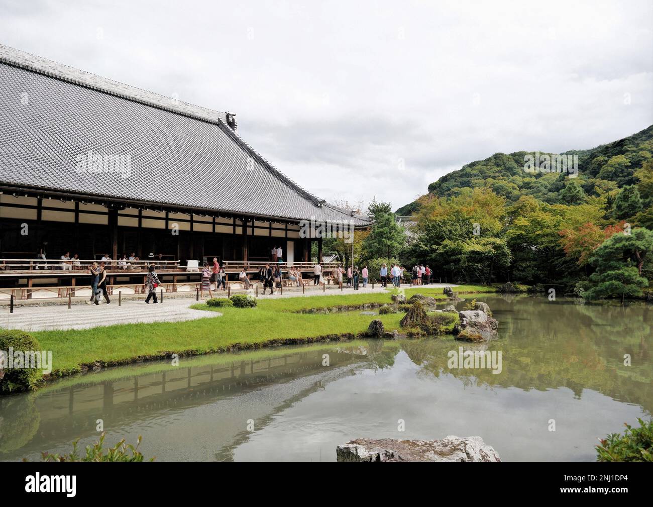 Kyoto, Japan - Sept, 2017: Garden with pond in front of Main pavilion ...