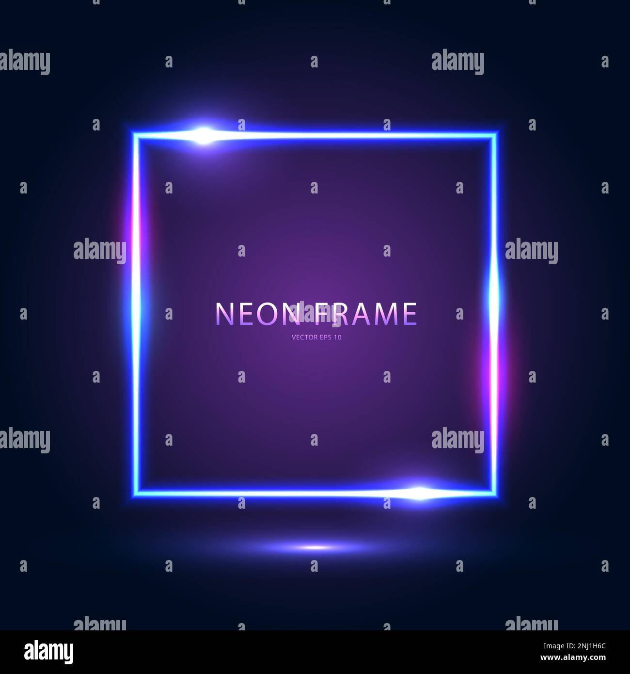 Neon square blue frame with highlights on a dark blue purple background ...