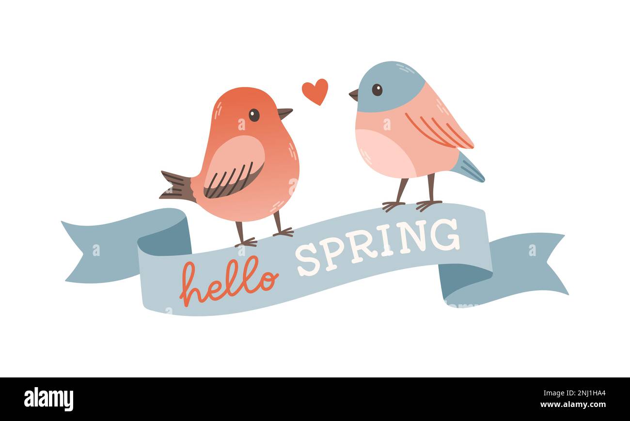 Spring label with season quotes, bird, ribbon. Hand drawn spring vector ...