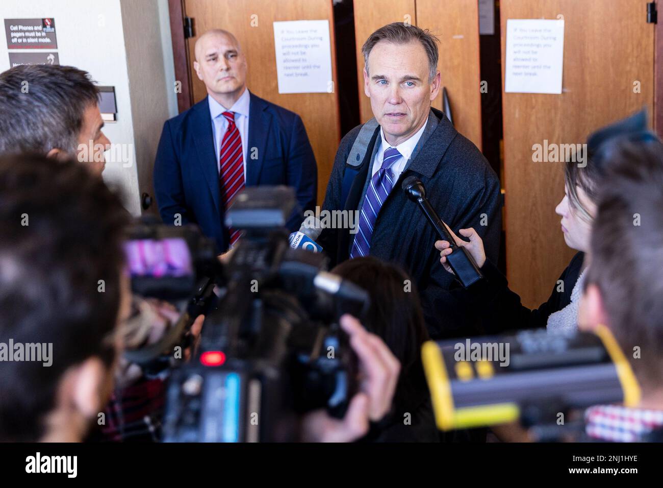 Defense attorney, Matthew Borgula speaks to the media after the second ...